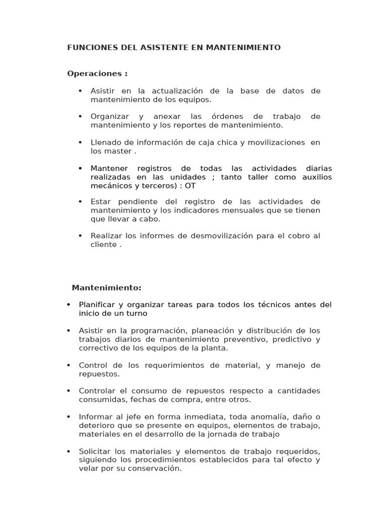 Funciones Asistente en Mantenimiento | PDF