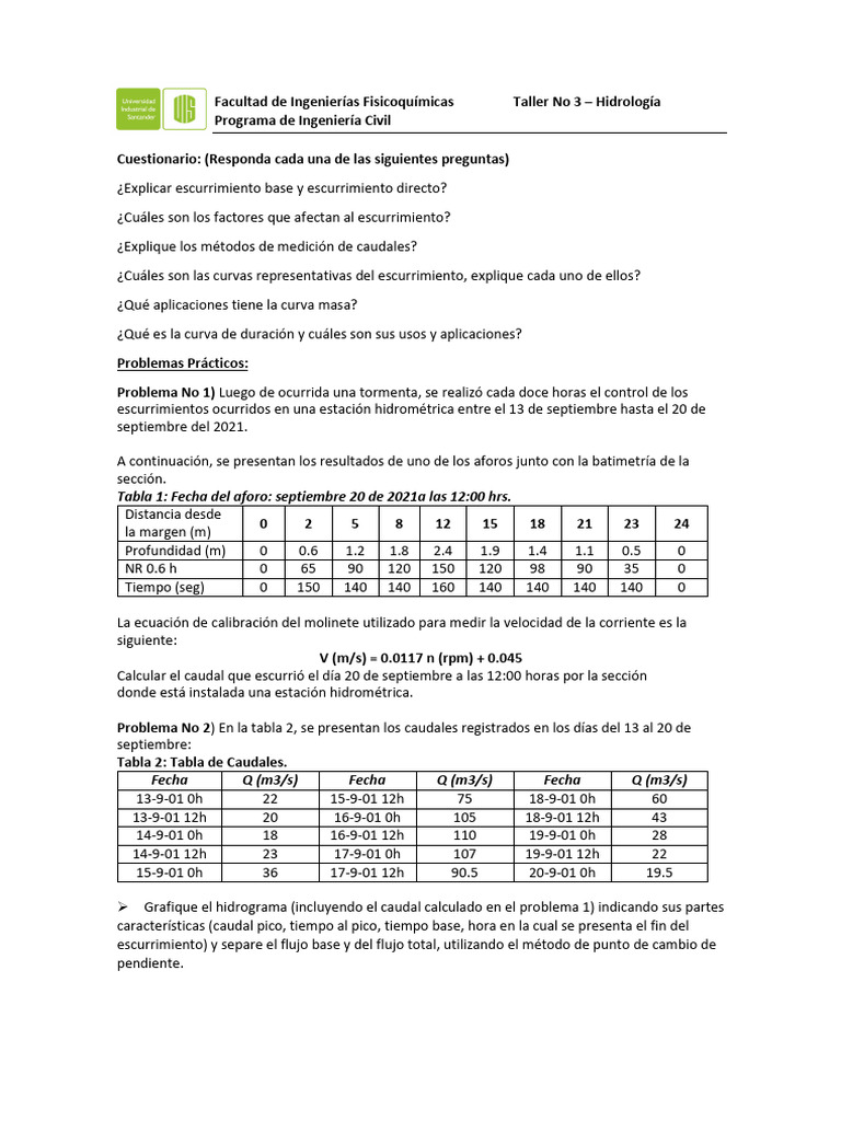 Taller No3 Hidro-2024 | PDF | Ingeniería Ambiental | Tecnología Ambiental