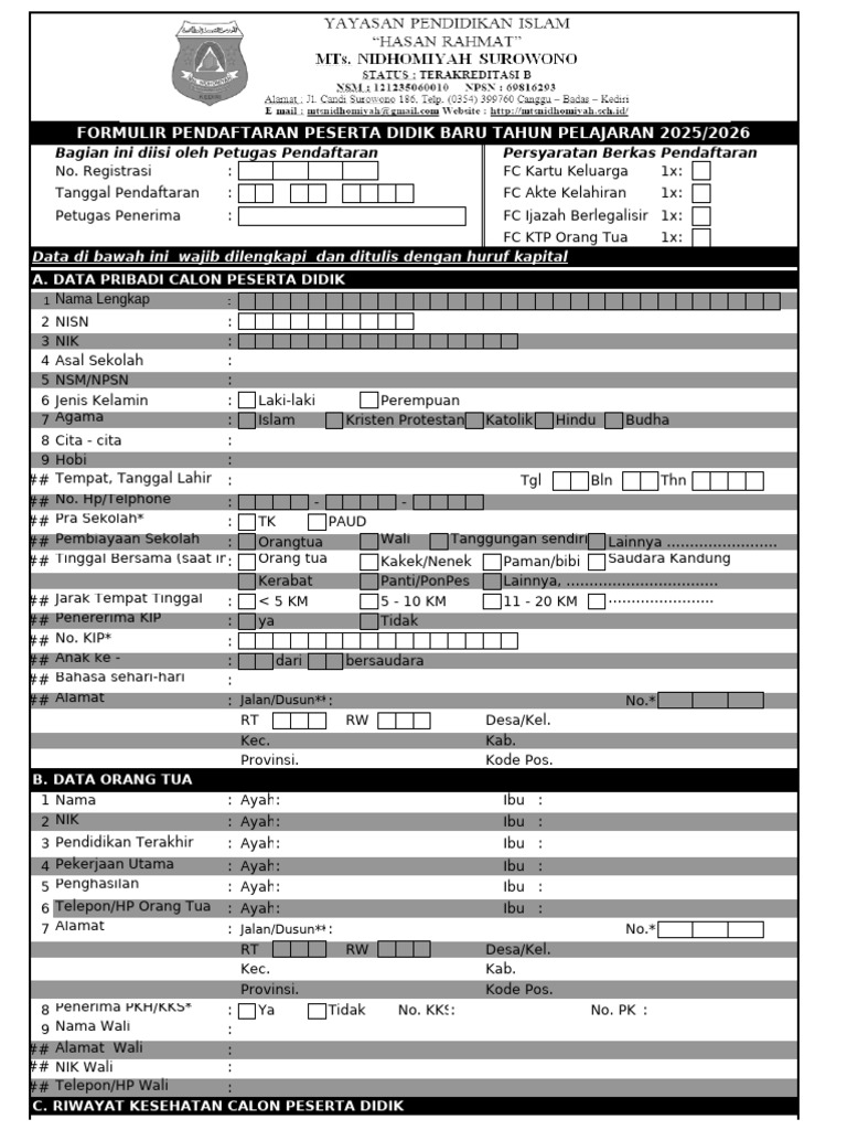 Formulir Pendaftaran Siswa Baru SD 2025 | PDF