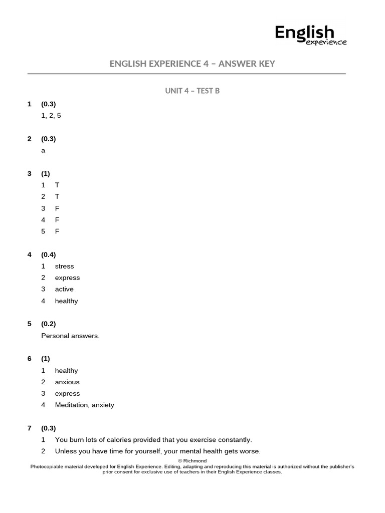 English Experience 4 Test B Answer Key | PDF | Behavioural Sciences ...
