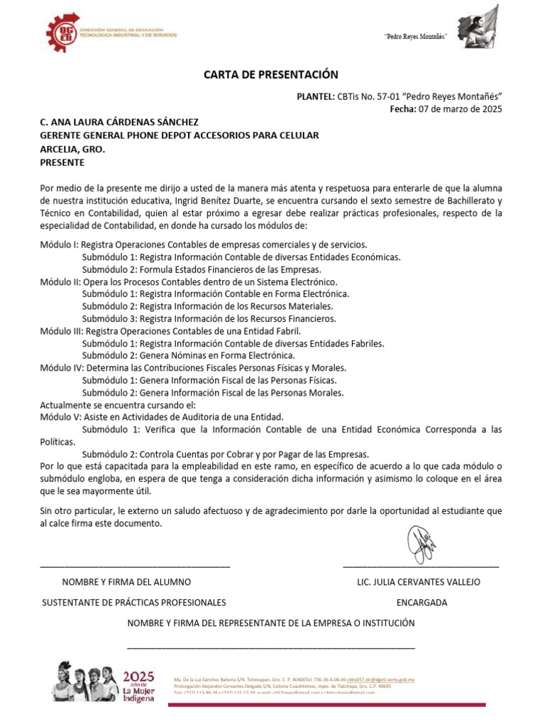 Carta de Presentación-Ingrid Benìtez-Con Firma-Membrete Colonia | PDF | Contabilidad | Business