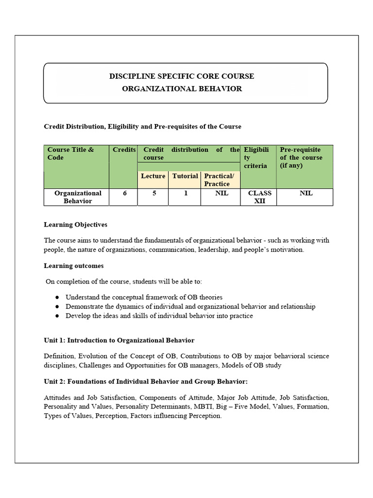 Organisational Behaviour OB Syllabus ILC FOL DU Semester 4 | PDF | Organizational Behavior ...