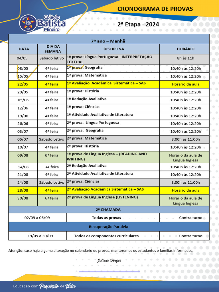 Cronograma de Provas - 2 Etapa - 7º Ano Manhã | PDF | Science | Inquérito