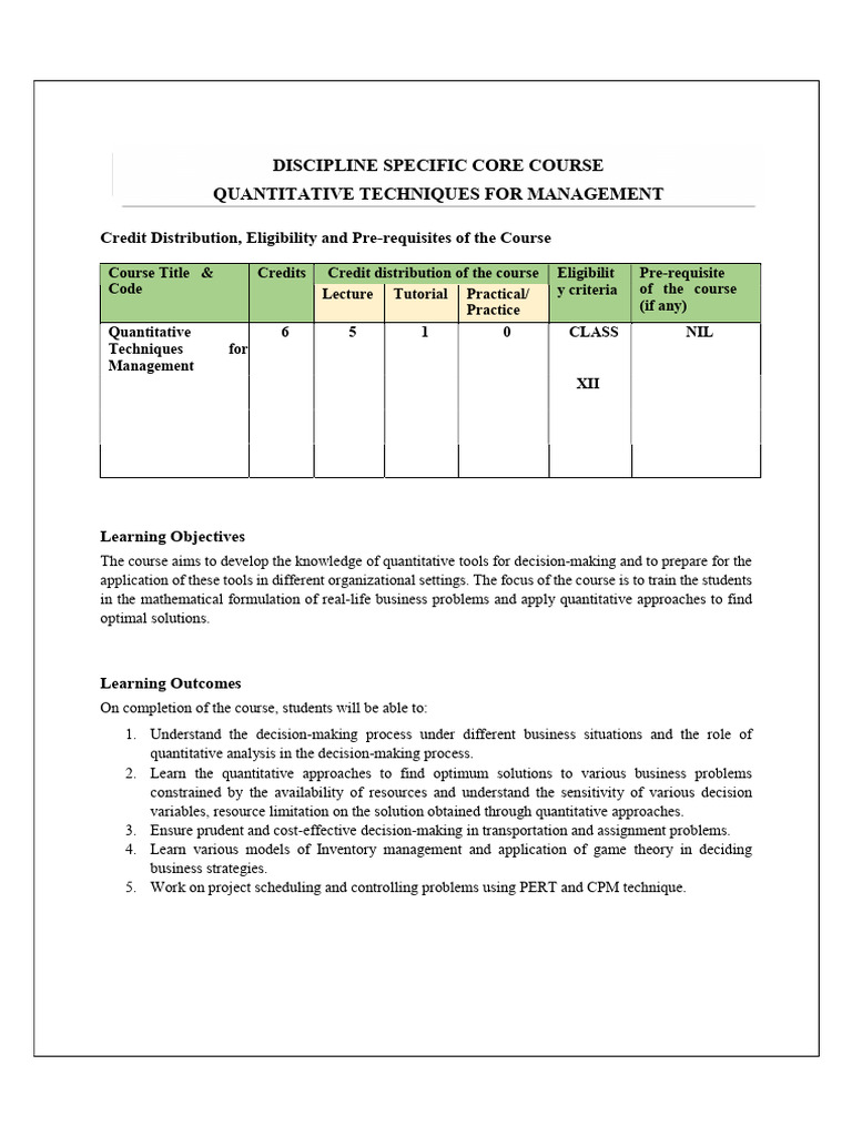 Quantitative Techniques QT Syllabus ILC FOL DU Semester 4 | PDF | Mathematical Optimization ...
