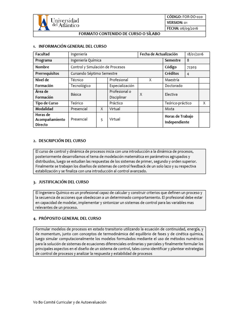 Ingeniería Química Plan de Estudio Control y Simulación de Procesos | PDF | Ingeniería Química ...