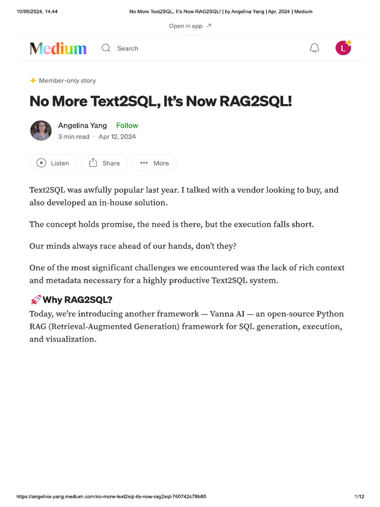 No More Text2sql Its Now Rag2sql 760742c78b80 | PDF