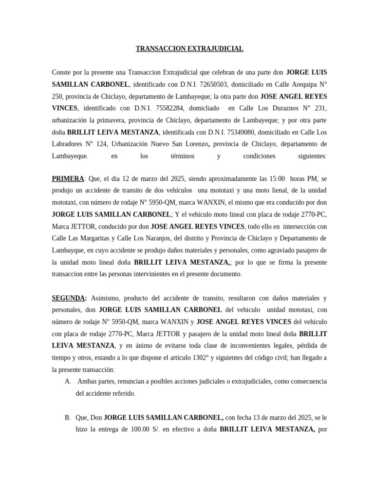 Transaccion Extrajudicial-Lluen | PDF