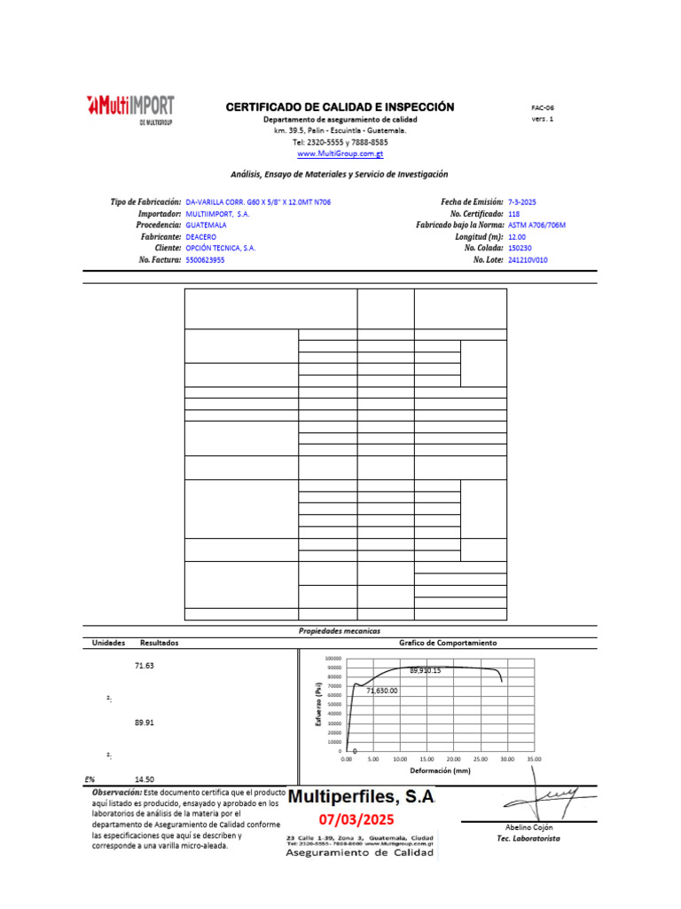 Cc0118.cert. Var. Cor. 5-8'' X 12.0M G60 N706 - 5500623955 | PDF | Mecánica | Ingeniería estructural