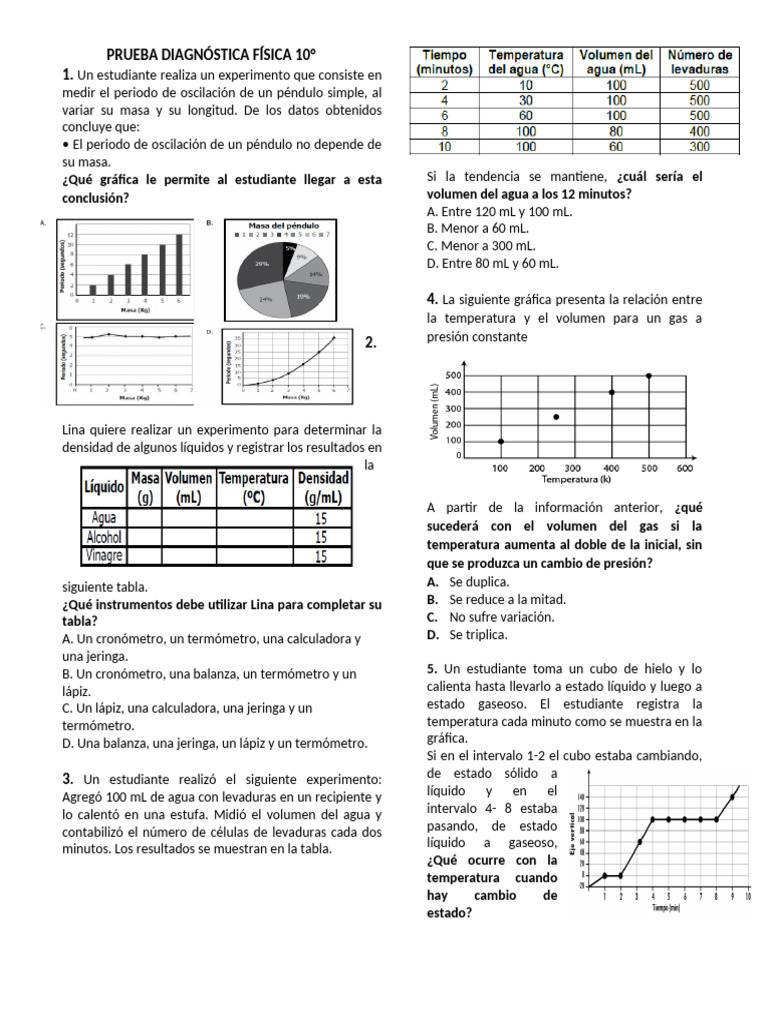 PRUEBA DIAGNÓSTICA FÍSICA 10° | PDF | Gases | Termómetro