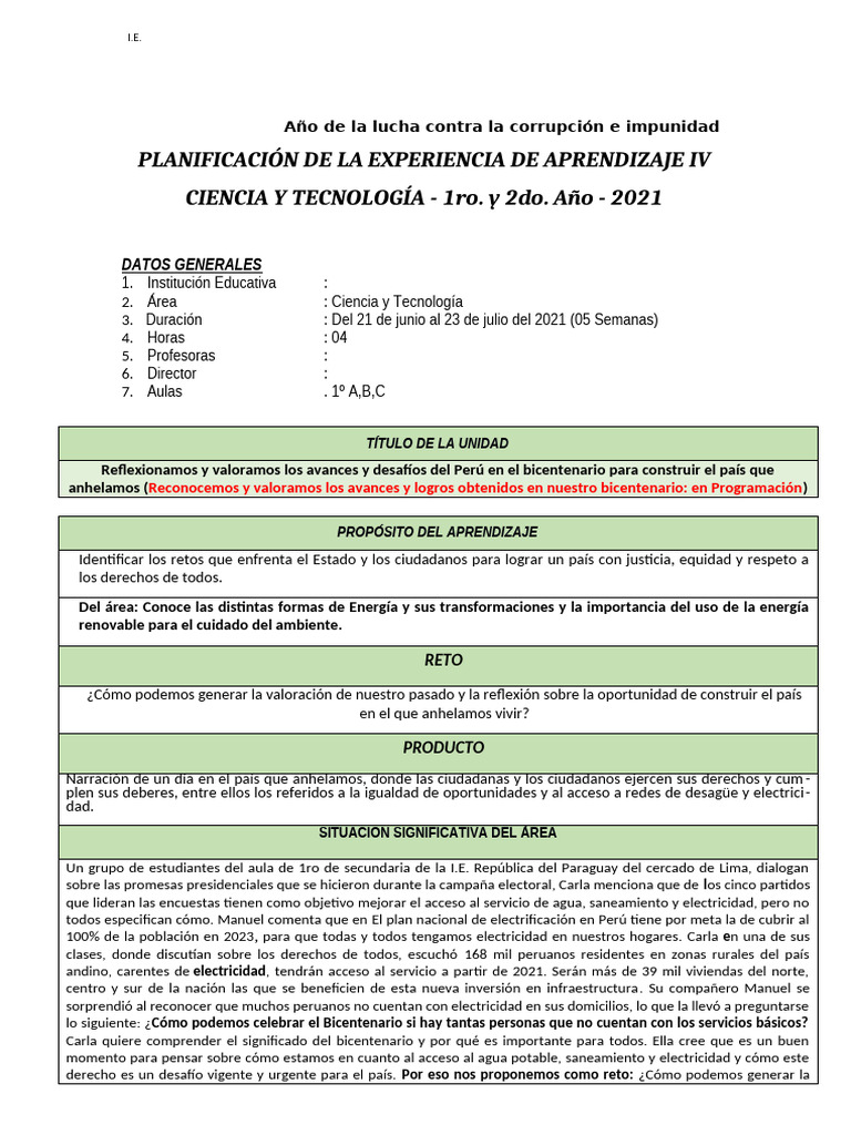 1° y 2° Sec. PLANIFICADOR DE LA EDA 4 | PDF | Aprendizaje | Energía renovable