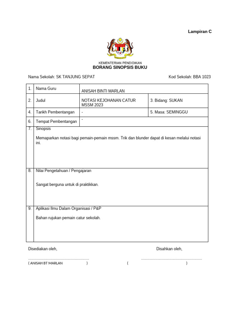 Sinopsis Notasi Kejohanan Catur MSSM 2023 | PDF