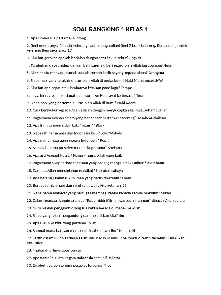 Soal Rangking 1 Kelas 1 | PDF