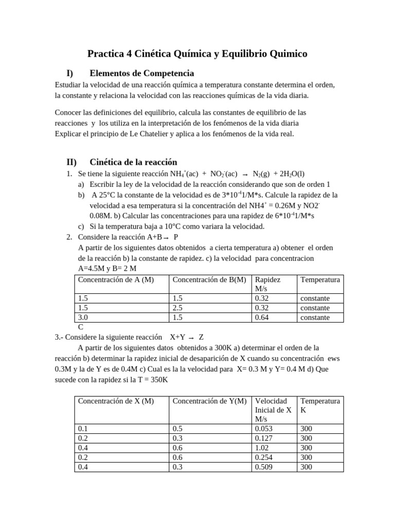Practica N 4 Cinetica Quimica y Equilibrio | PDF | Equilibrio químico | Cinética química