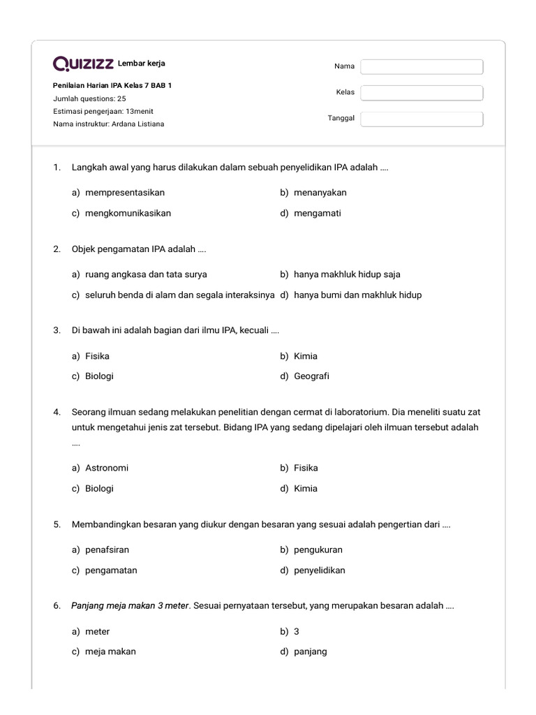 Penilaian Harian Ipa Kelas 7 Bab 1 Pdf