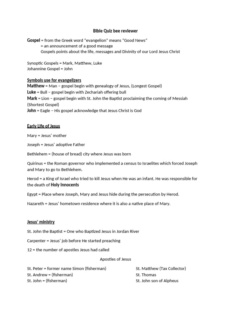 Bible Quiz Bee Reviewer Guide | PDF | Jesus | Gospels