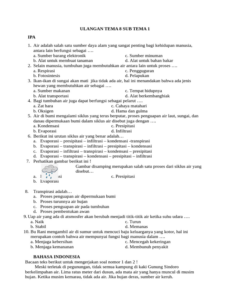 Ulangan Tema 8 Sub Tema 1: IPA, Bahasa, IPS, SBDP, PPKN | PDF