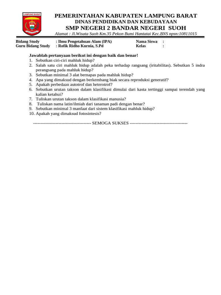 PTS IPA Kelas VII Semester Genap | PDF