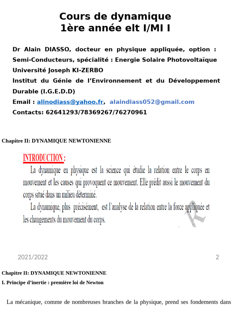 Cours Dynamique MI-ELT 2022 | PDF | Lois du mouvement de Newton | Obliger