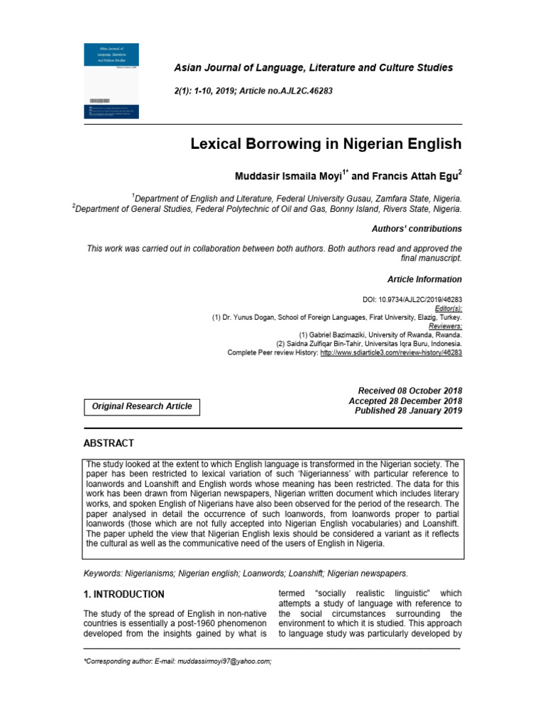 Lexical Borrowing in Nigerian English | PDF | English Language | Word
