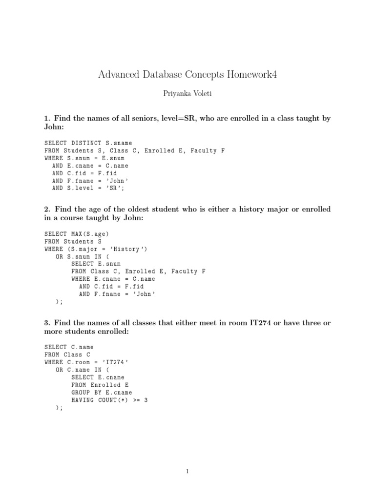 Advanced SQL Queries for Database Homework | PDF