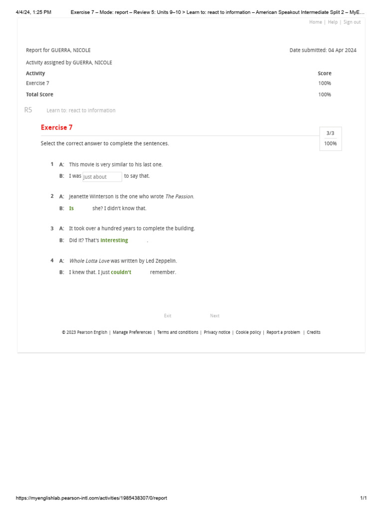 Exercise 7 - Mode - Report - Review 5 - Units 9-10 - Learn To - React To Information - American ...