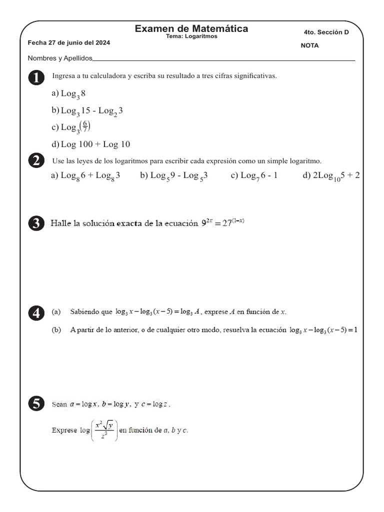 Examen Logaritmos 4D | PDF
