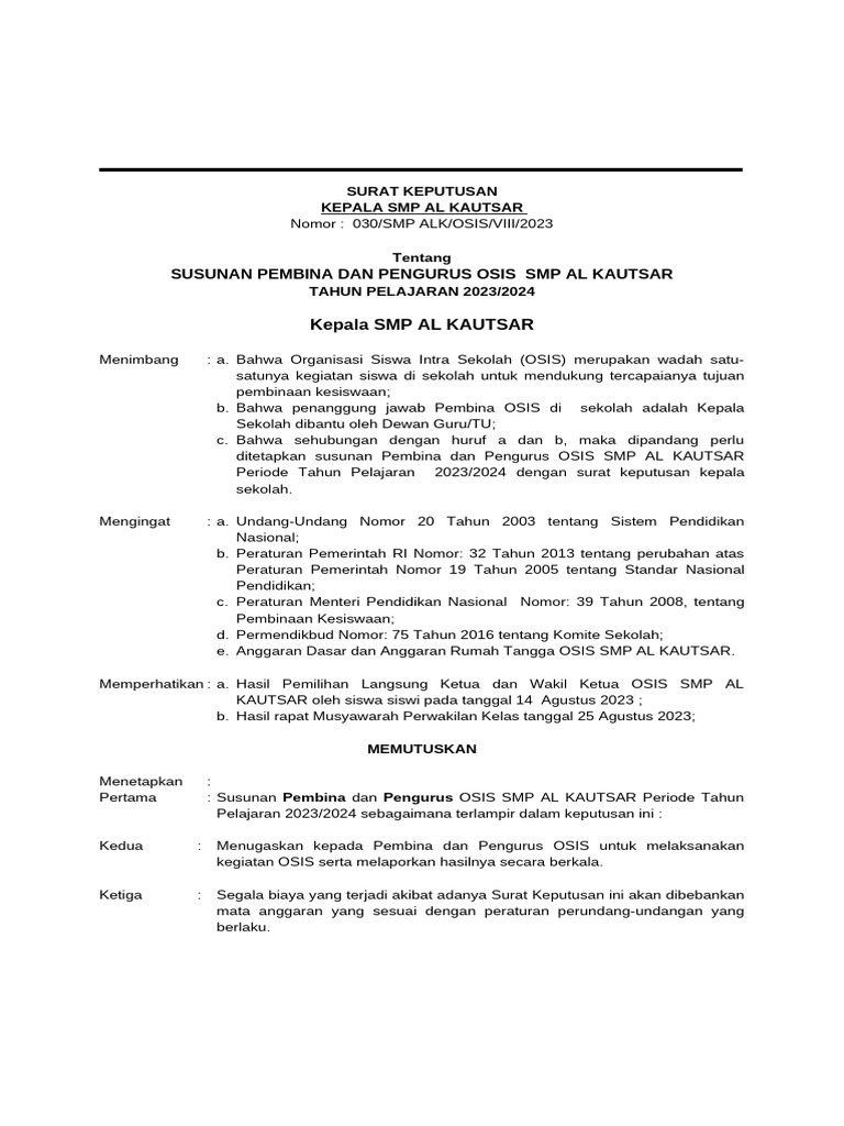 Sk-Pengurus-Osis-Smp Al Kamu 2025 | PDF