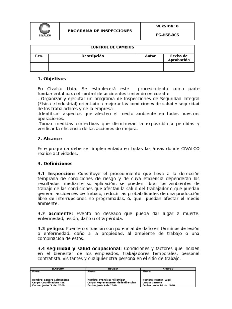 Programa de Inspeccion | PDF | Riesgo | Seguridad y salud ocupacional