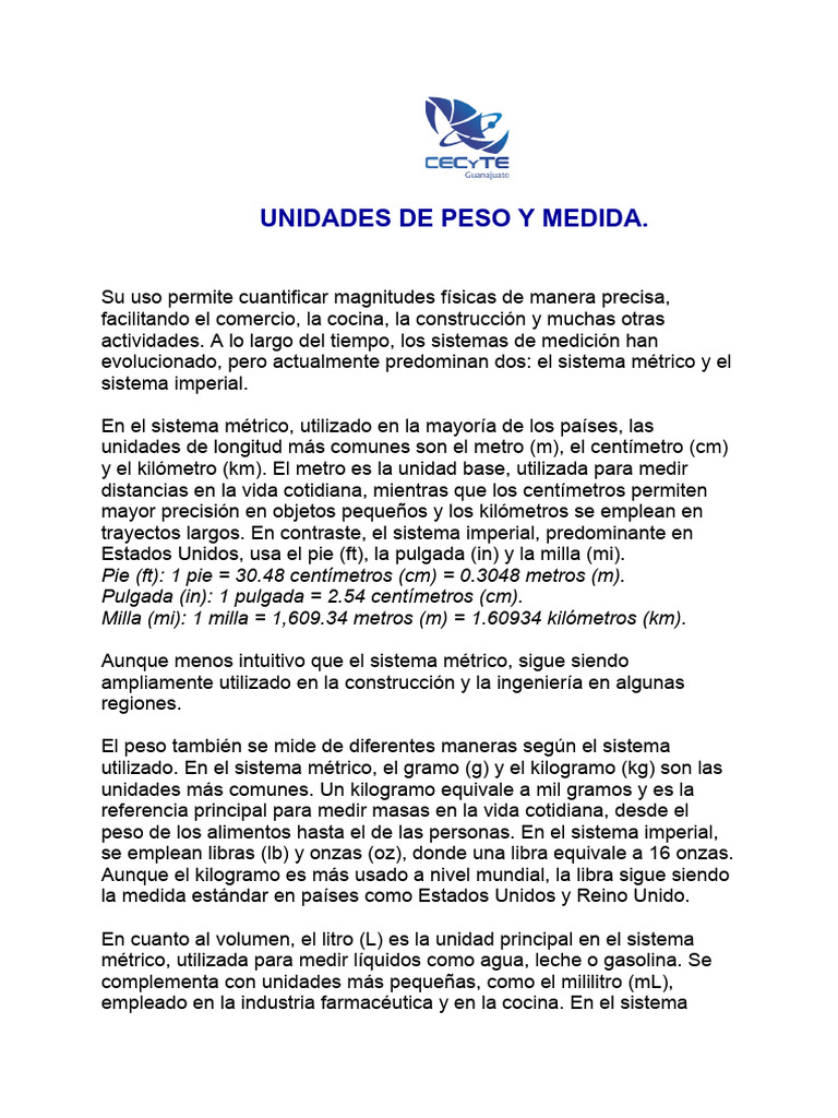 Peso y volumen en sistemas de medida | PDF | Medio litro | Libra (masa)