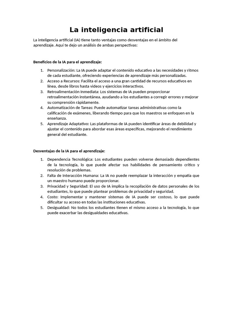 Ventajas y desventajas de la IA en educación | PDF | Inteligencia ...