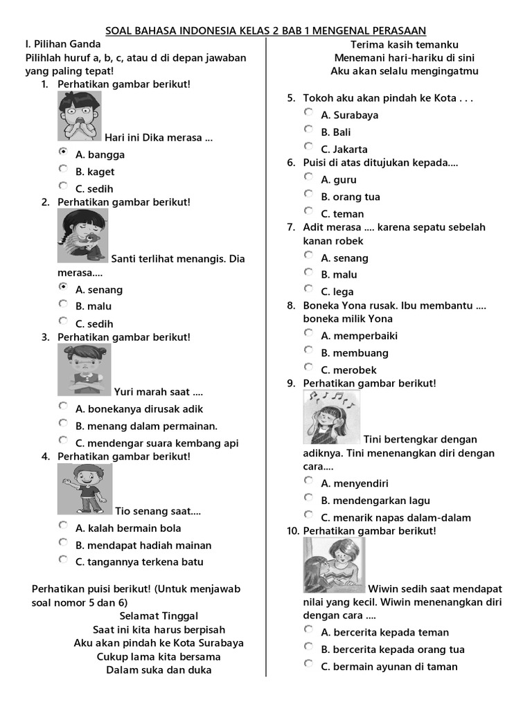 Soal B.indonesia - Kelas 2 - Bab 1 Mengenal Perasaan | PDF