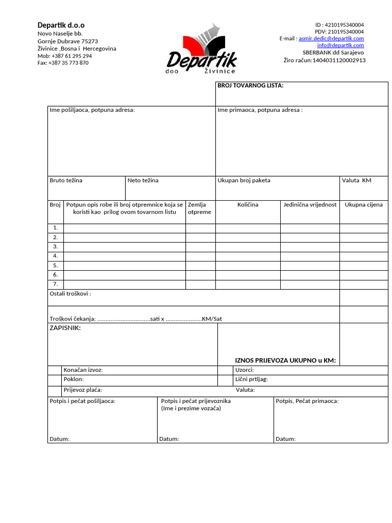 Tovarni List - DEPARTIK Doo | PDF