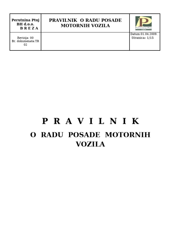 Pravilnik o Radu Posade Motornog Vozila PP BH - TR 02 | PDF