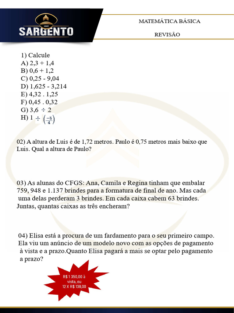 Lista Das 4 Operações e Frações | PDF