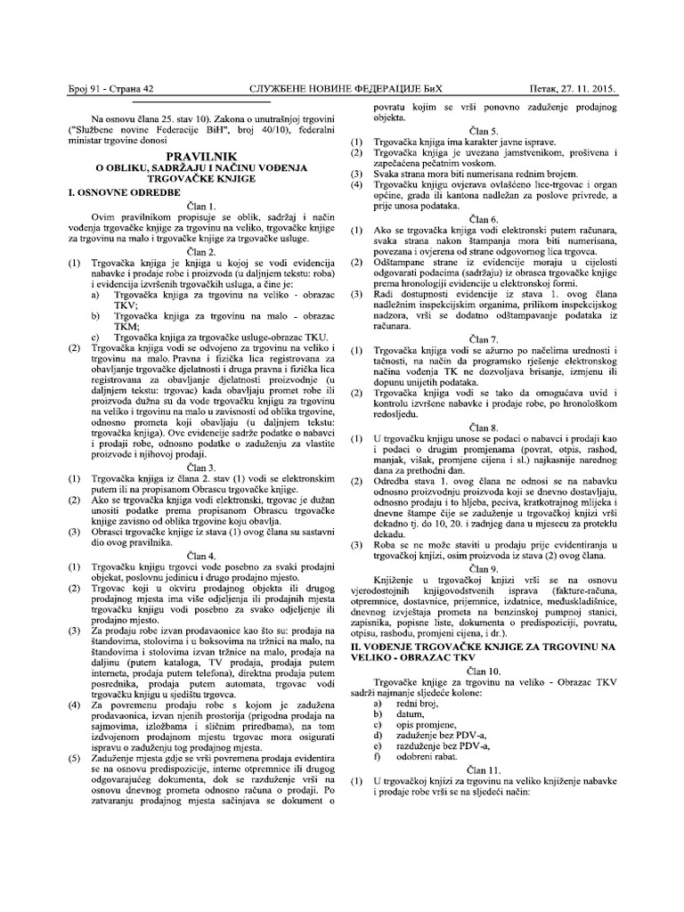 Pravilnik o Obliku, Sadržaju I Načinu Vođenja Trgovačke Knjige (''SL Novine FBiH'', Broj 91 15 ...