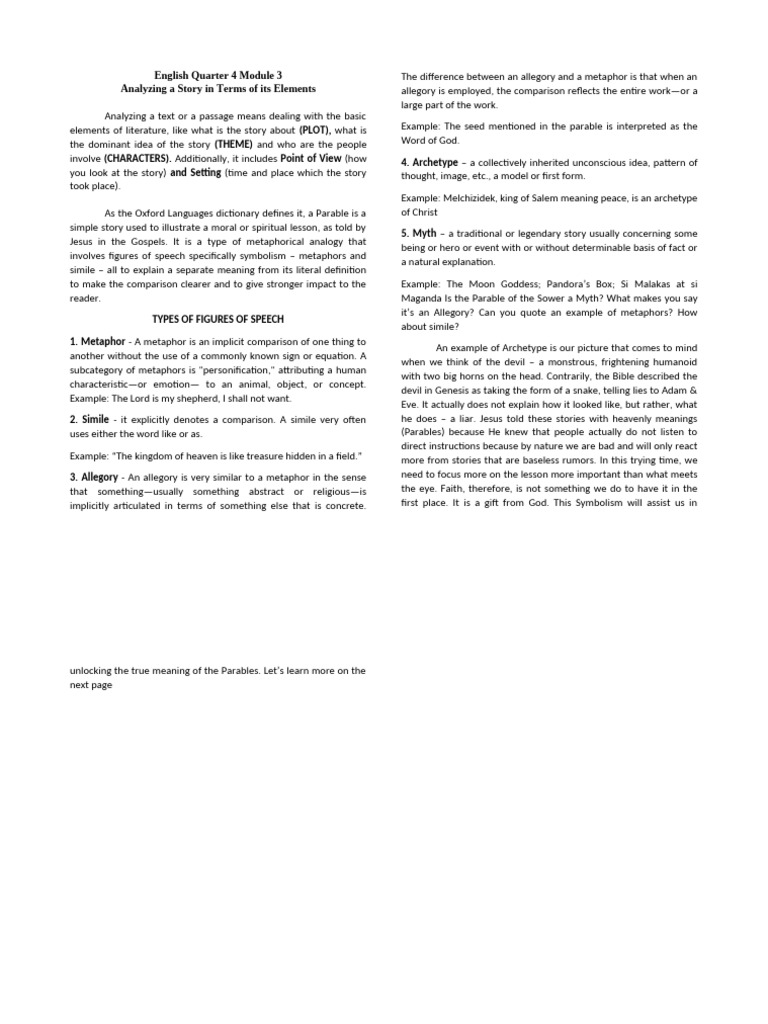 English Quarter 4 Module 3 topics | PDF | Parable | Metaphor