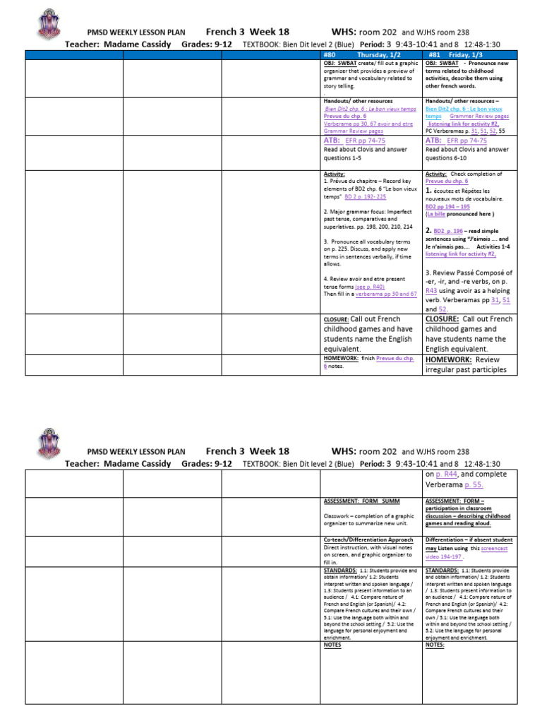 French 3 Week 18 Lesson Plan | PDF | Syntax | Language Mechanics