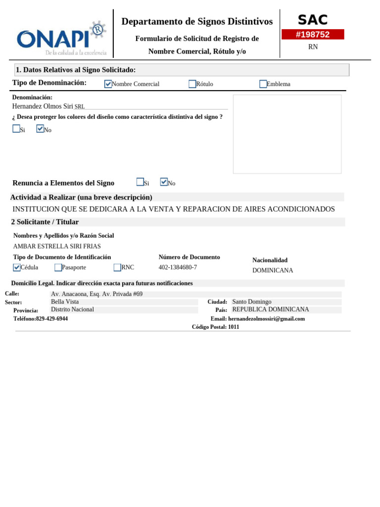Formulario Nombre Comercial ONAPI | PDF