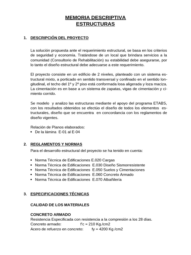 Memoria Descriptiva Estructuras | PDF | Fundación (Ingeniería) | Albañilería
