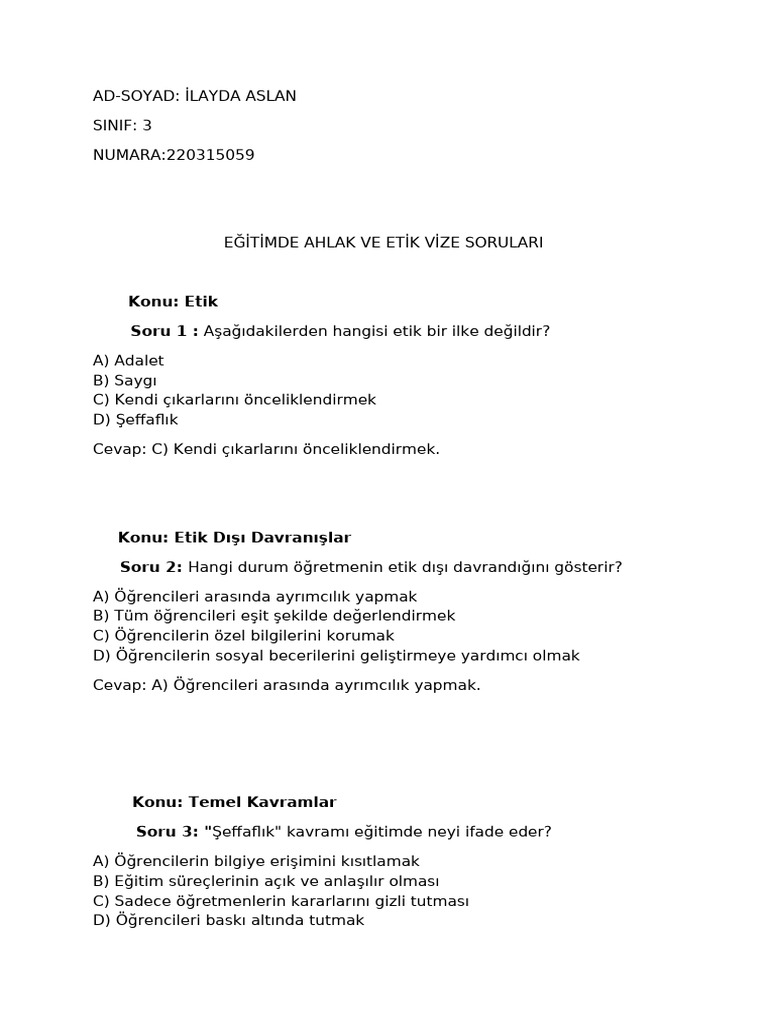 Eğitimde Ahlak Ve Etik - İlayda Aslan | PDF