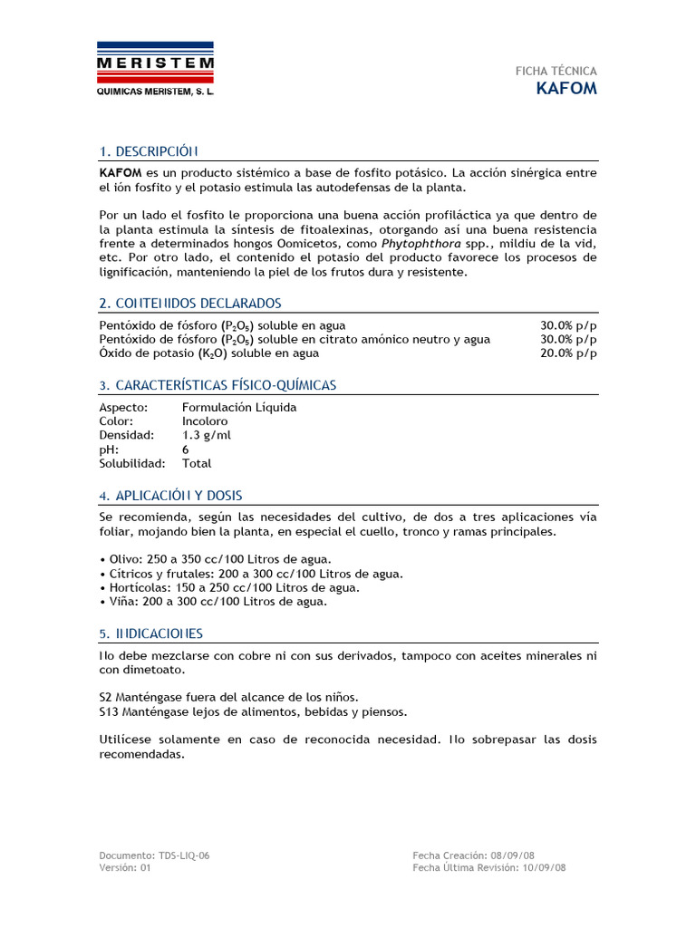 FT Kafom Fosfito de Potasio 0-30-18 Químicas Meristem | PDF | Agua ...