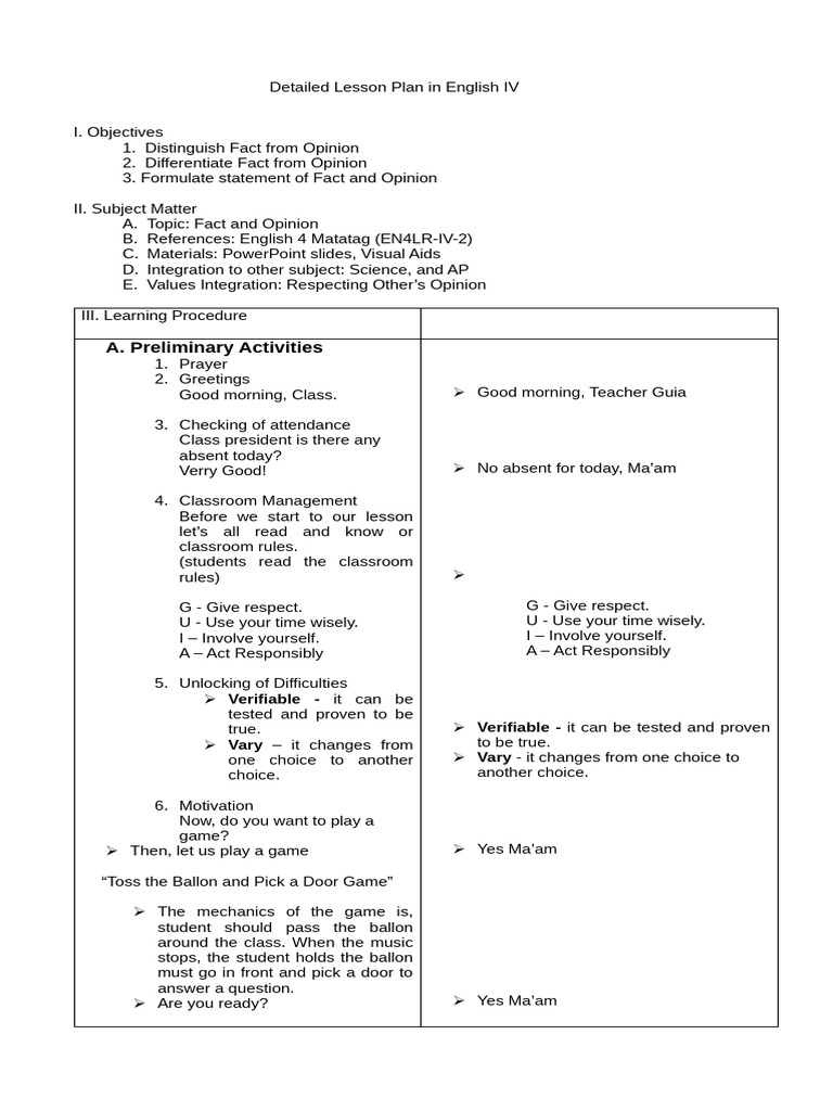 Fact vs. Opinion Lesson Plan IV | PDF | Lesson Plan