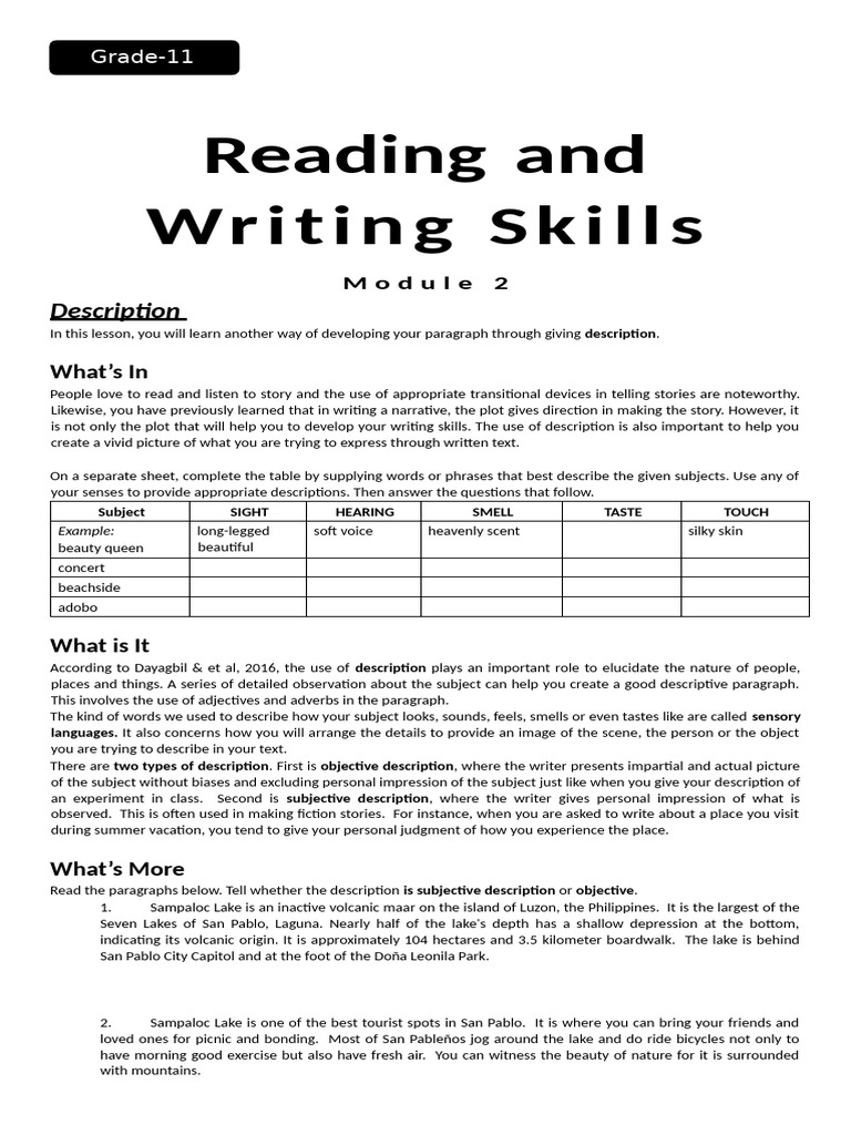 Enhancing Writing with Descriptive Skills | PDF | Subject (Grammar) | Lake