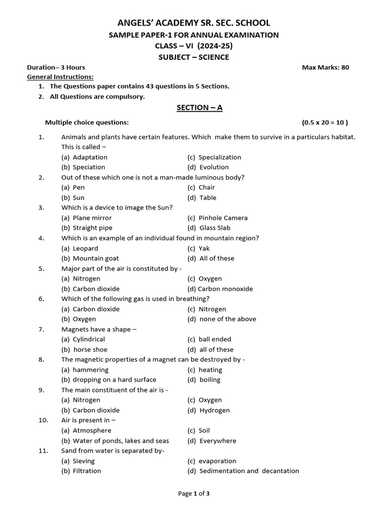 Science Sample Paper - 1 | PDF | Atmosphere Of Earth | Water