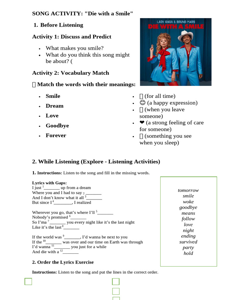 "Die with a Smile: Song Activity Guide" | PDF