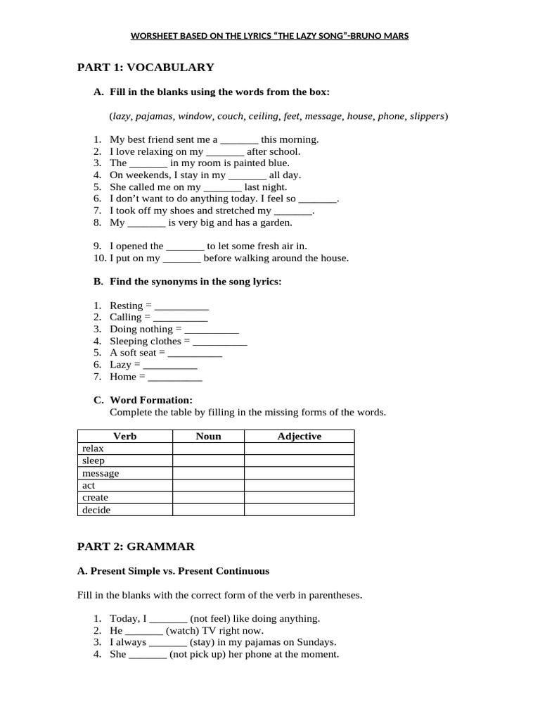 Lazy Song Worksheet for Vocabulary & Grammar | PDF | Syntax | Language ...