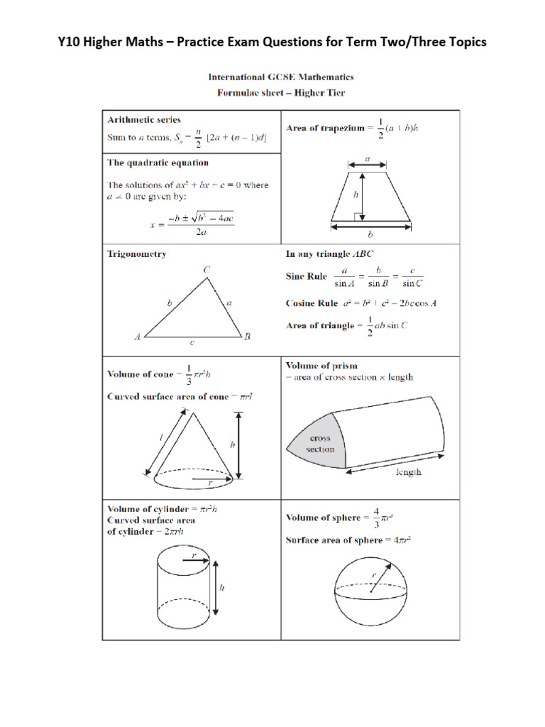 Y10 Maths Summer 2023 Exam Practice 1 | PDF