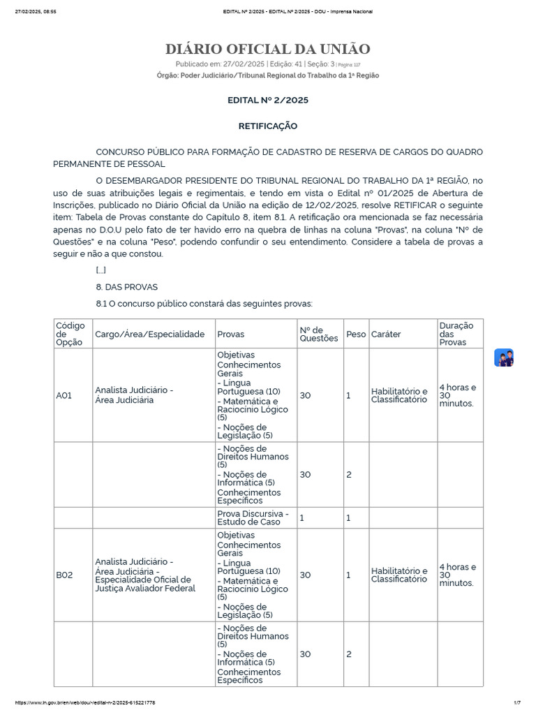 concurso-trt-rj-retificacao-tabela-de-provas | PDF | Matemática | Lógica