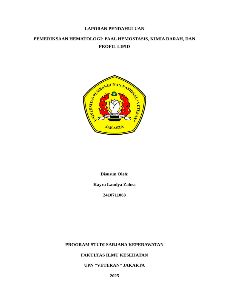 Laporan Pendahuluan Pemeriksaan Hematologi: Faal Hemostasis, Kimia Darah, Dan Profil Lipid | PDF