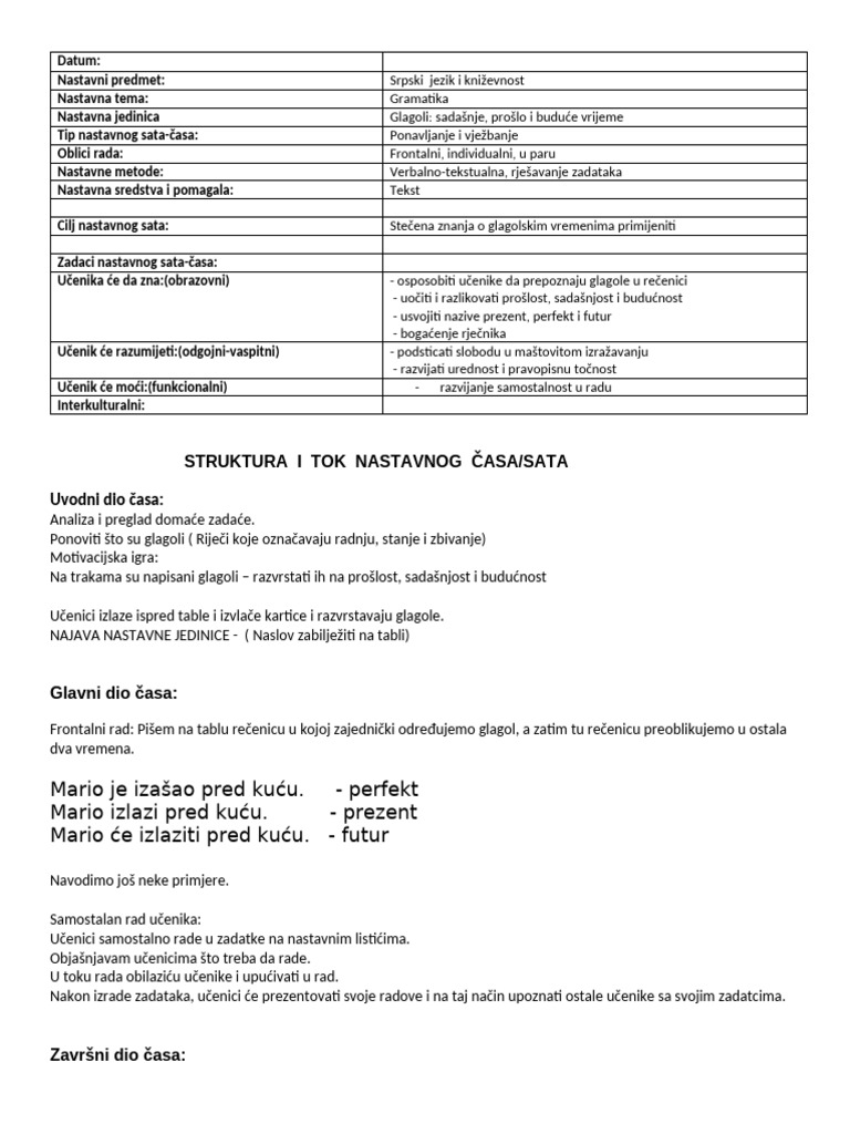 Glagoli Sadašnje, Prošlo I Buduće Vrijeme | PDF